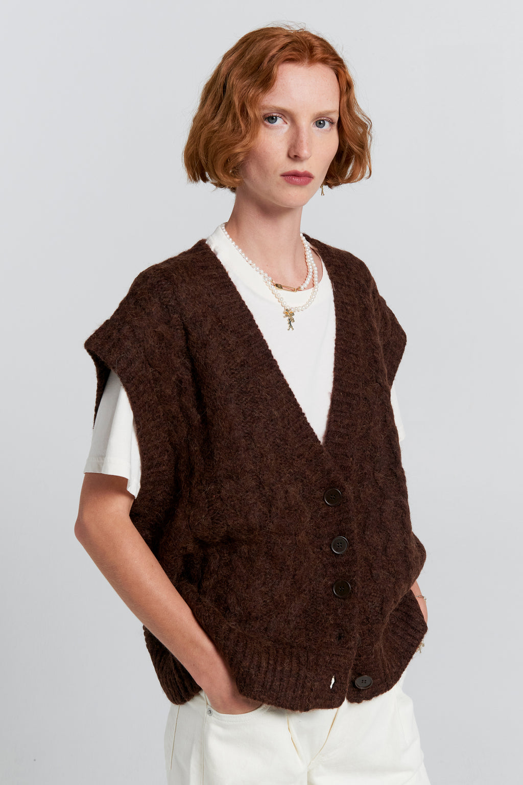 Cable Knit Button Up Vest Port – Karen Walker